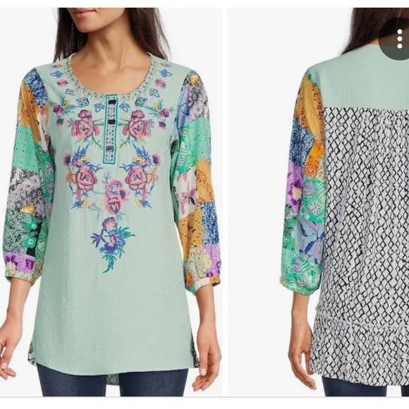 Calessa | Tops | Calessa Boho Mint Multi Mandarin Collar Embroidered ...